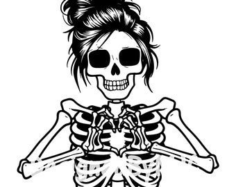 Messy Bun Girl Skull With Coffee SVG Clipart & PNG Files, Skeleton, Mom ...