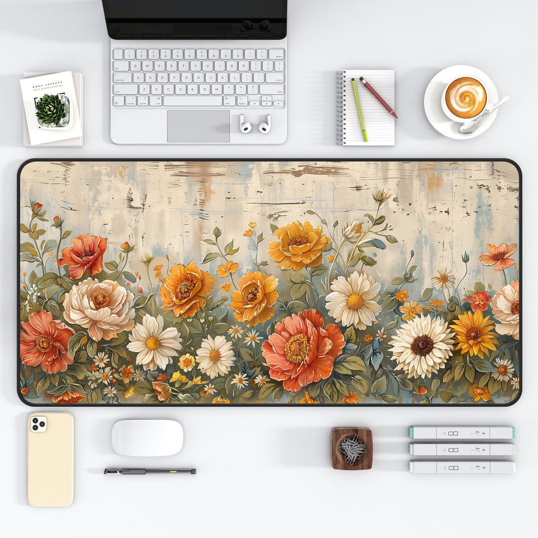 Cottagecore Desk Mat, Distressed Wood & Blooms Mousepad, Shabby Chic ...