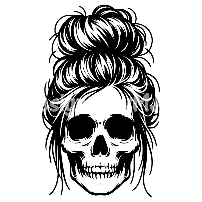 Messy Bun Girl Skull SVG Clipart & PNG Files, Skeleton, Mom Bun Hair ...