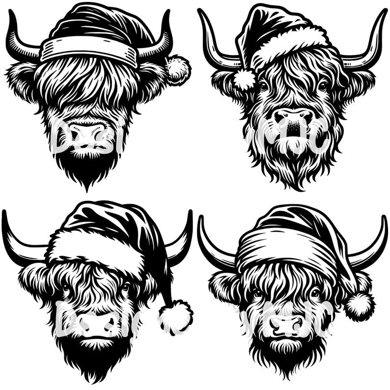 Highland Cow Santa Hat SVG PNG Files, Highland Cow Head Vector, Santa ...