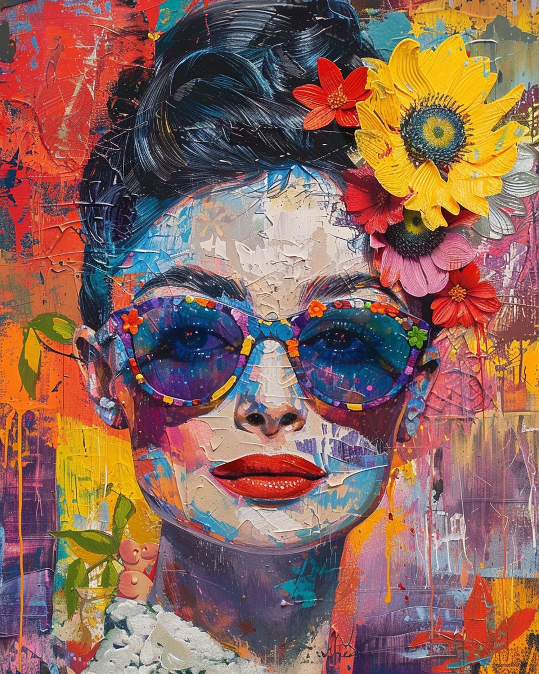Vibrant Audrey Hepburn Portrait: Bold Colors and Floral Art - Etsy