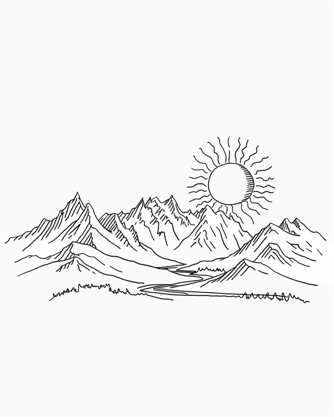 Mountain Sunrise Line Art Simplistic Alpine Peaks and Rising Sun Sketch ...