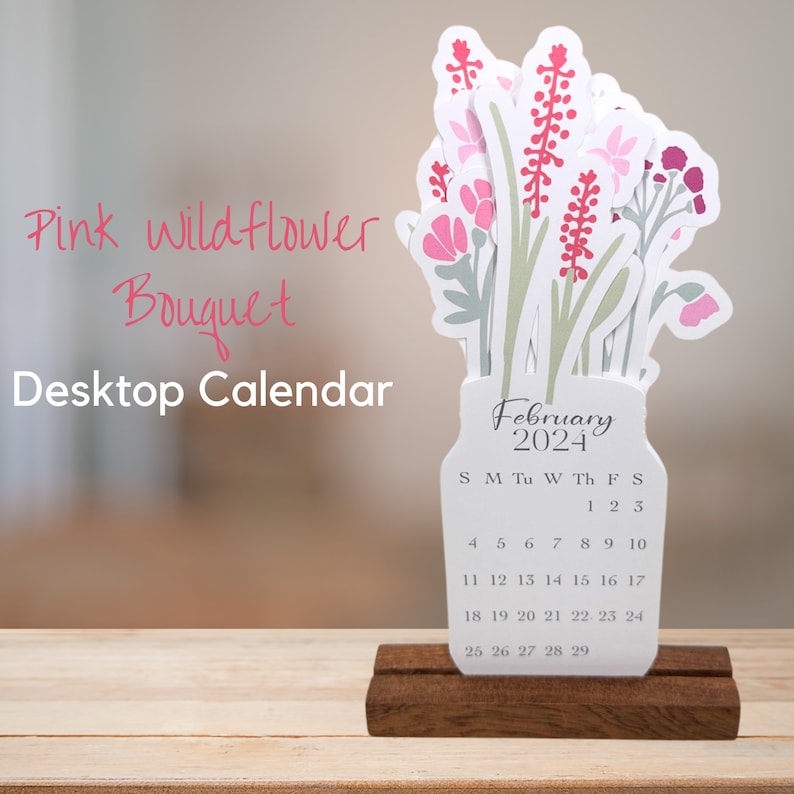 12 Month Pink Wildflowers Desk Calendar With Wooden Stand Mini Monthly ...