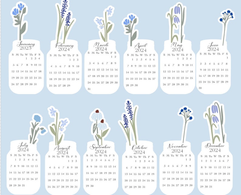 12 Month Blue Wildflowers Desk Calendar With Wooden Stand Mini Monthly ...