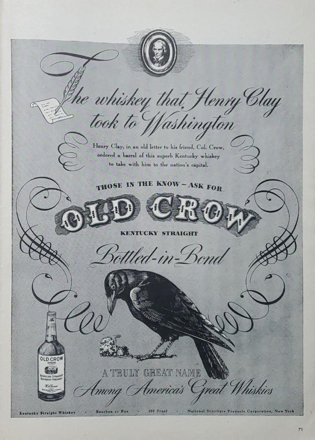 Old Crow Kentucky Whiskey Vintage 1940s Advertisement Print Black and ...