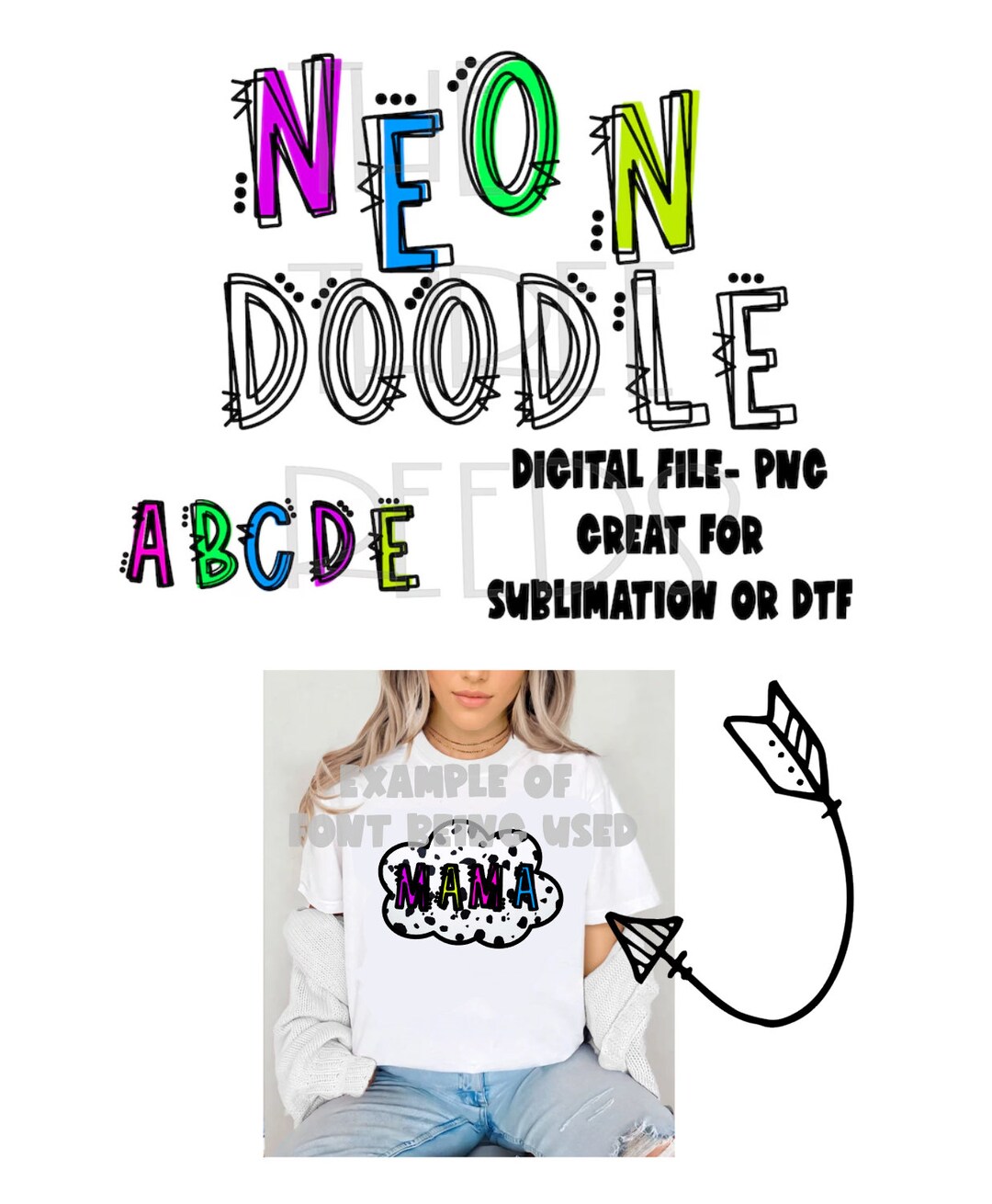 Neon Doodle Font - Digital File Png Transparent- Great for Sublimation ...