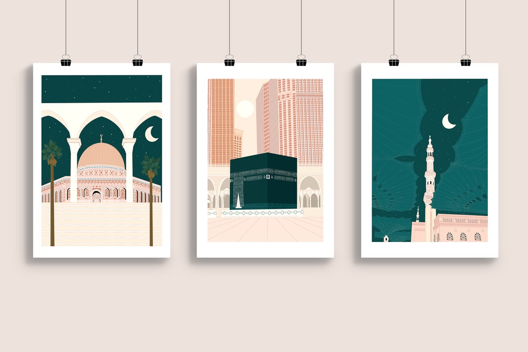 Poster the Three Holy Mosques Mecca, Medina, Al Aqsa, Islamic Art Wall ...
