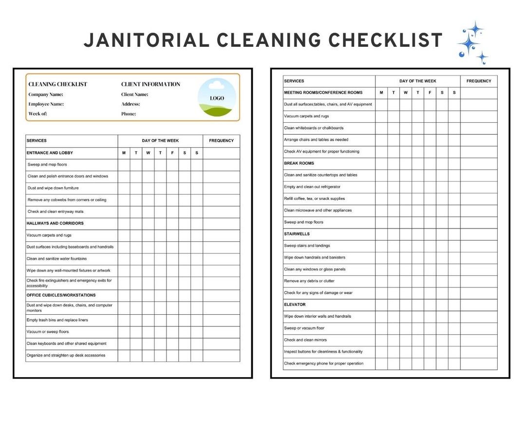 Janitorial Cleaning Checklist, Checklist for Cleaning Service, Janitor ...