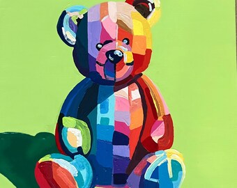 Teddy Bear Original Art Painting on Canvas in Acrylics, 16 X 20 In ...