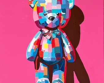 Teddy Bear Original Art Painting on Canvas in Acrylics, 16 X 20 In ...