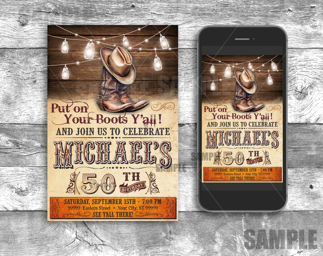 Cowboy Invitation Western Birthday Hat Boots Barn Wanted Rustic Vintage ...