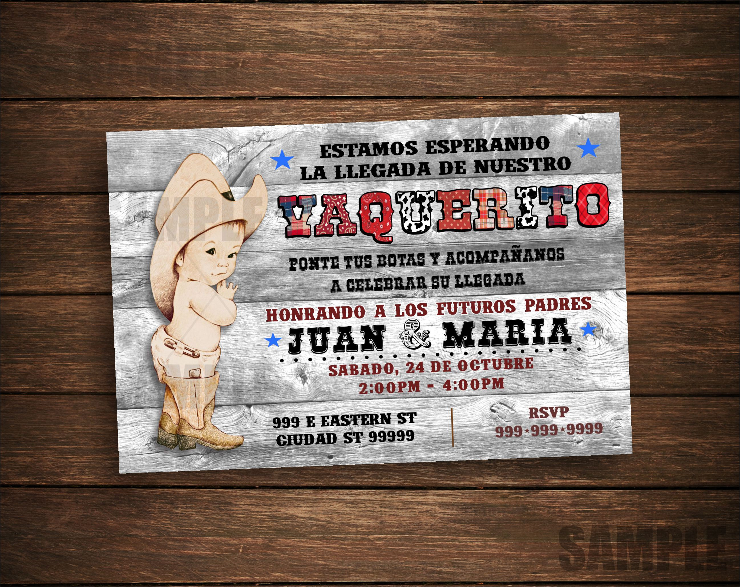 Baby Shower Invitacion Vaquero Vaquerito Spanish Espanol Oeste Tejano Sombrero Botas Invitations ...