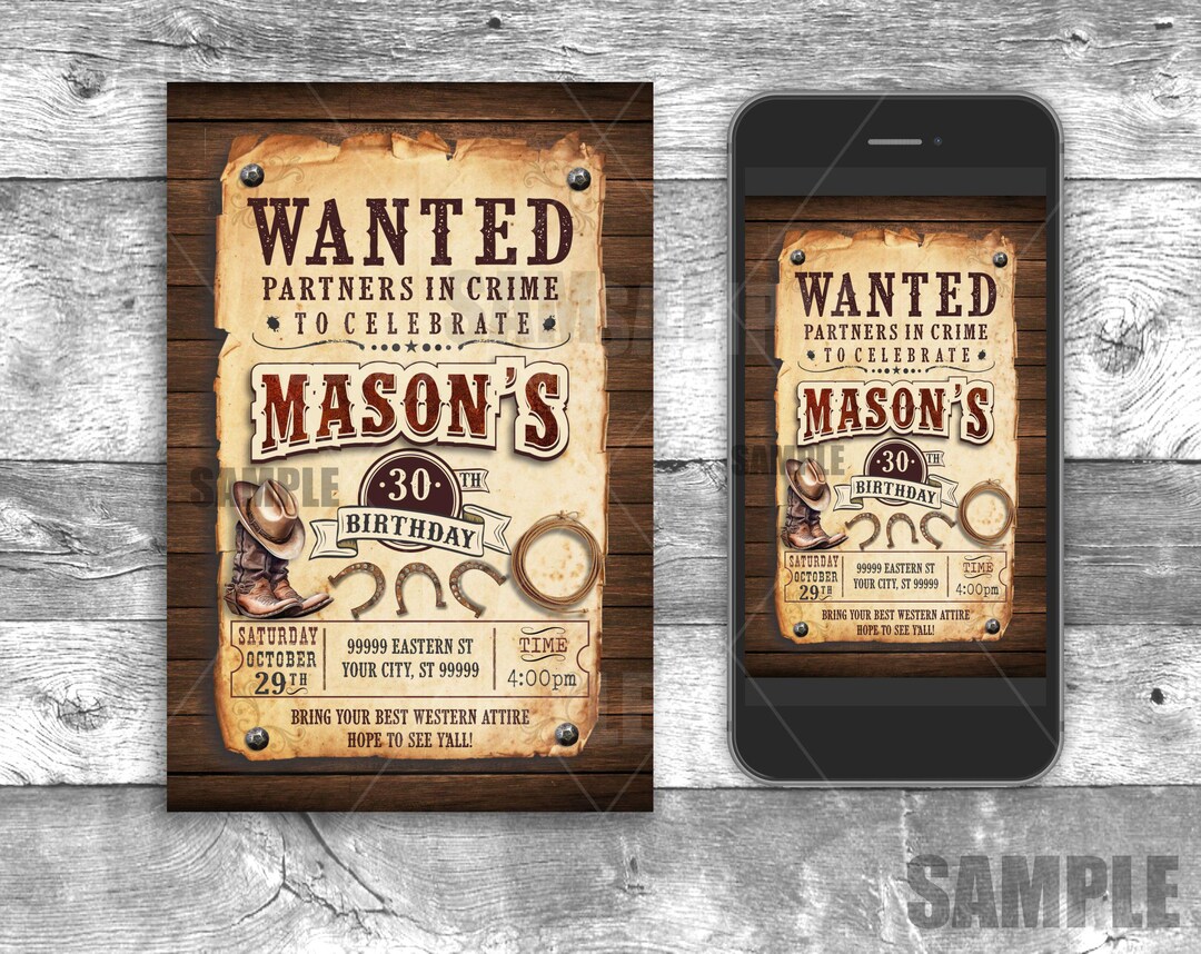 Cowboy Western Birthday Party Invitation Barn Wanted Rustic Vintage ...