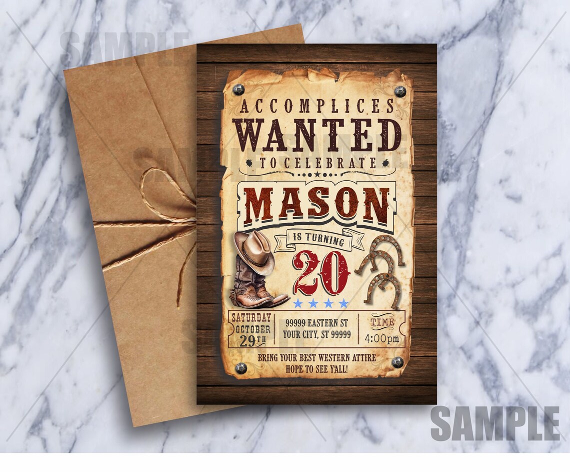 Cowboy Western Birthday Invitation Barn Wanted Rustic Vintage Invite ...