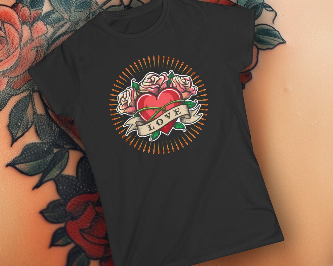 Heart Tattoo T-shirt / Rose Tattoo / Love Tattoo / Rock & Roll / Heavy ...