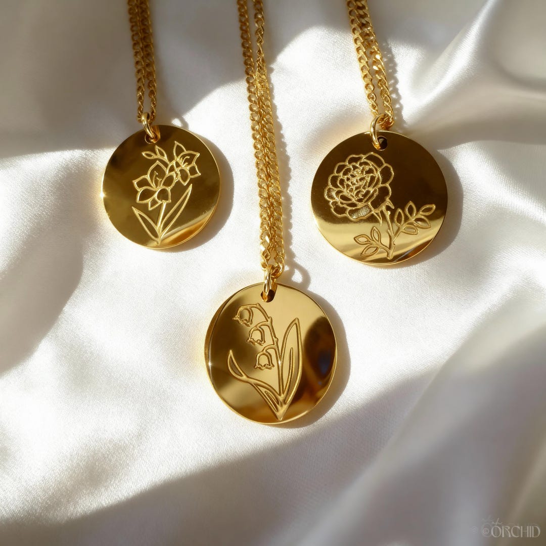 Custom Gold Birth Flower Necklace Set, Personalized Floral Pendant ...