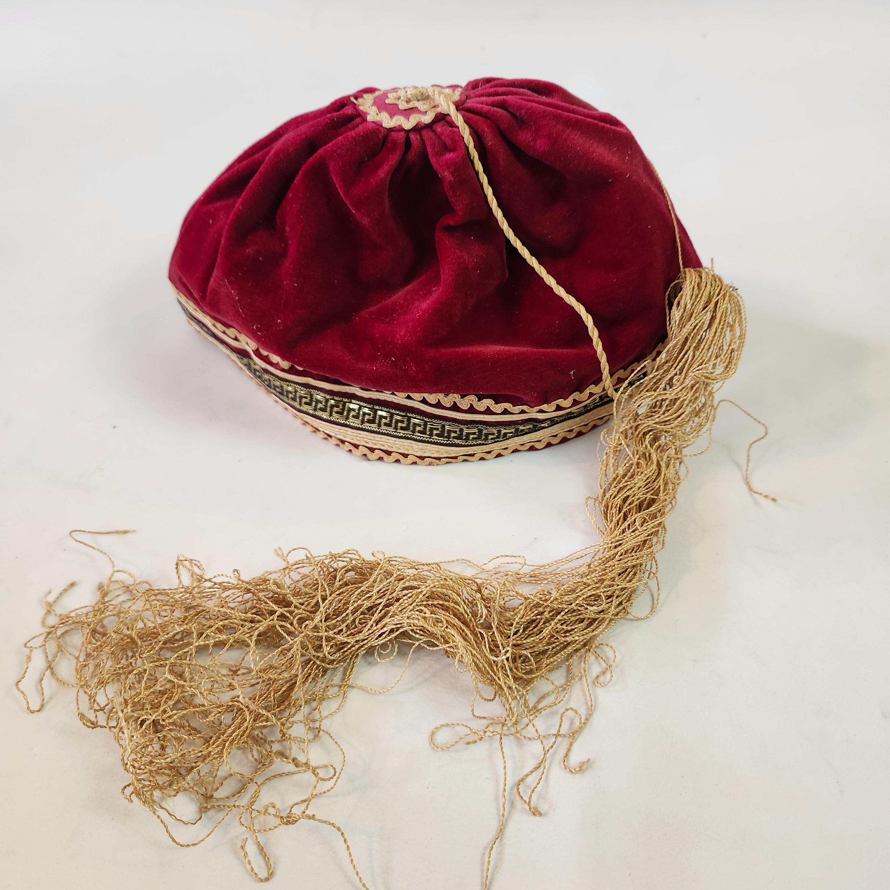 Red Velvet Traditional Greek Hat With Tassel, Skull Cap, Vintage Hat ...
