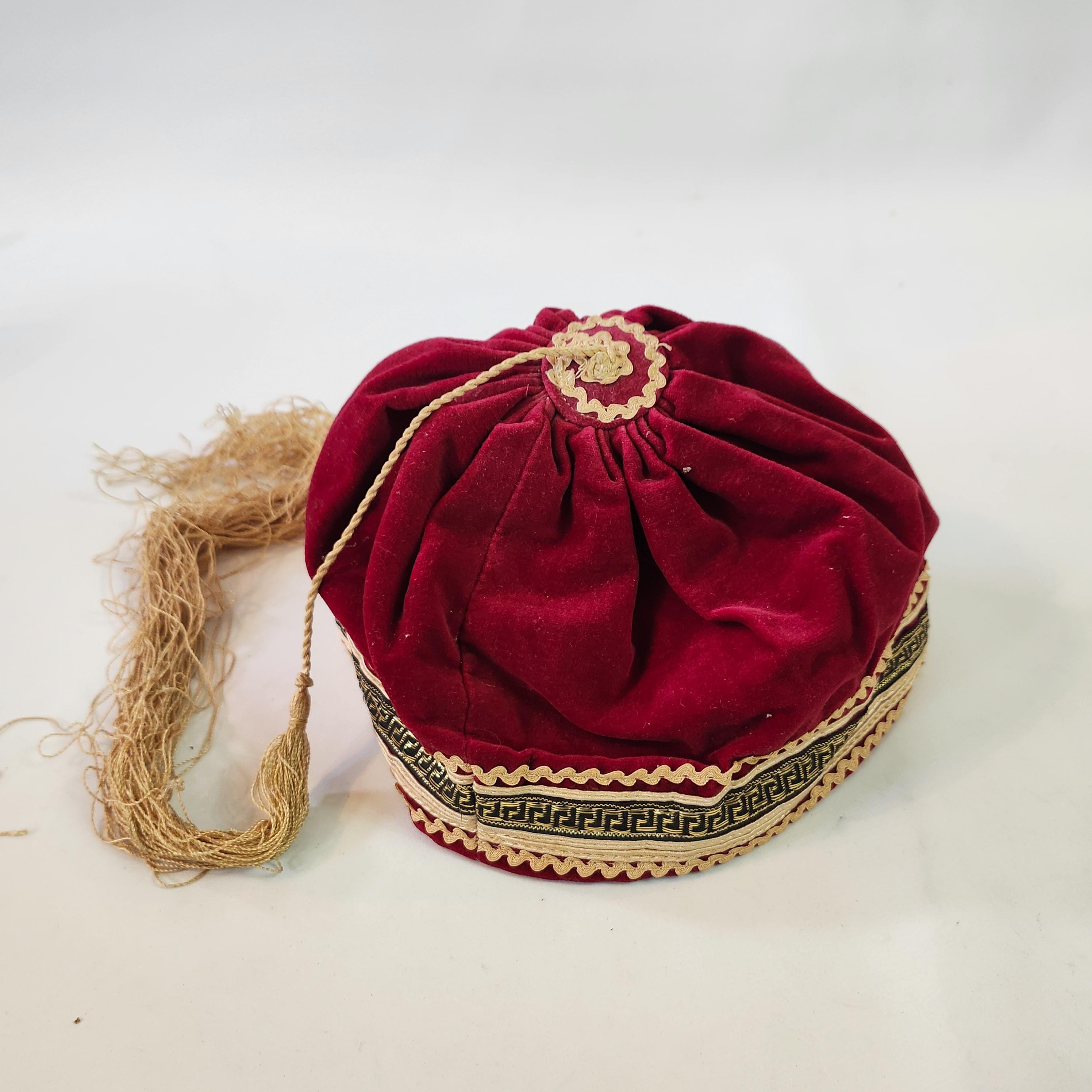 Red Velvet Traditional Greek Hat With Tassel, Skull Cap, Vintage Hat ...