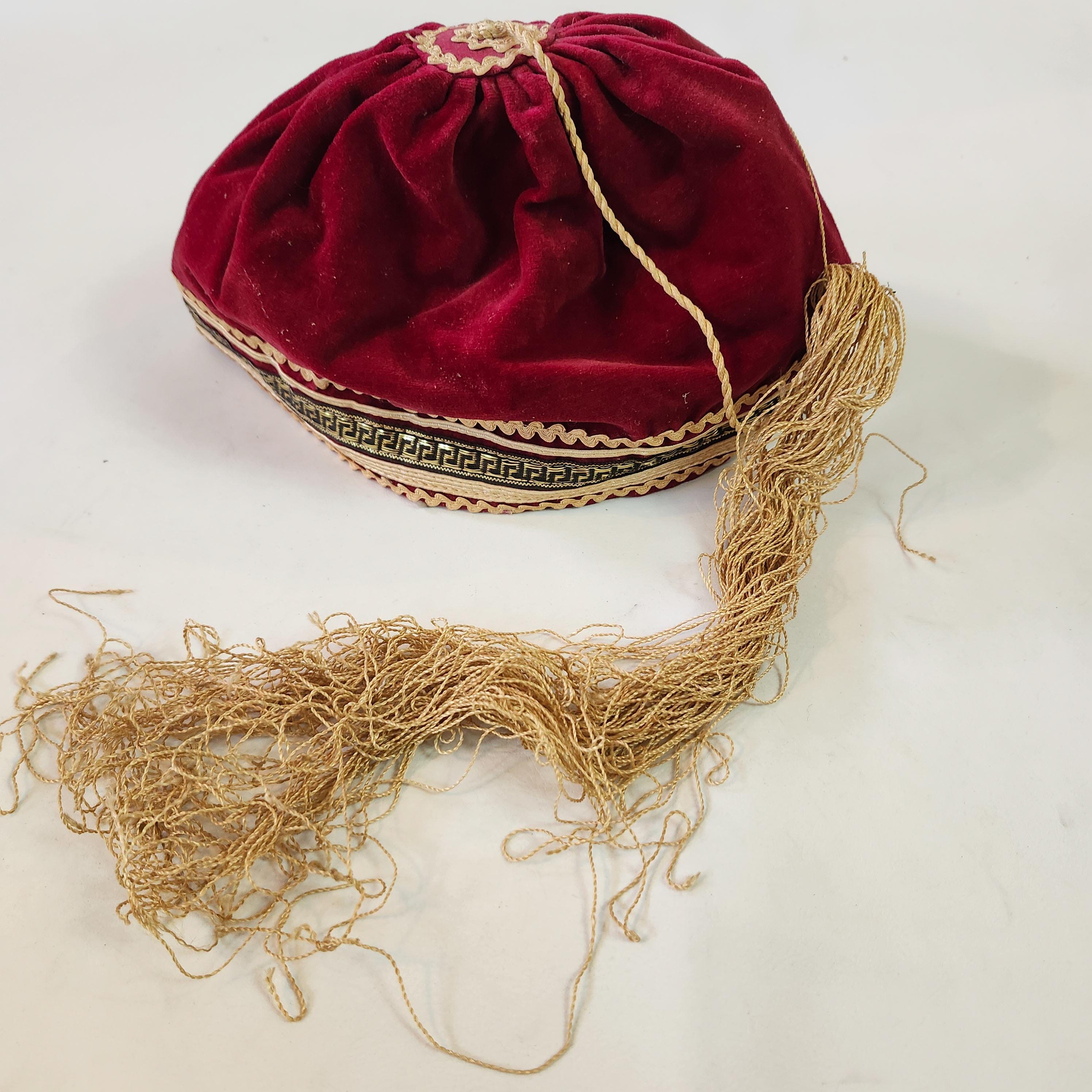 Red Velvet Traditional Greek Hat With Tassel, Skull Cap, Vintage Hat ...