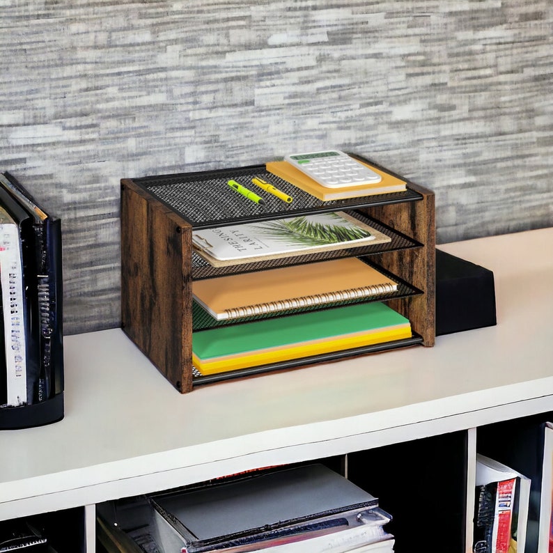 3-tier Paper Organizer Letter Tray, Wooden Desk File Organizer ...