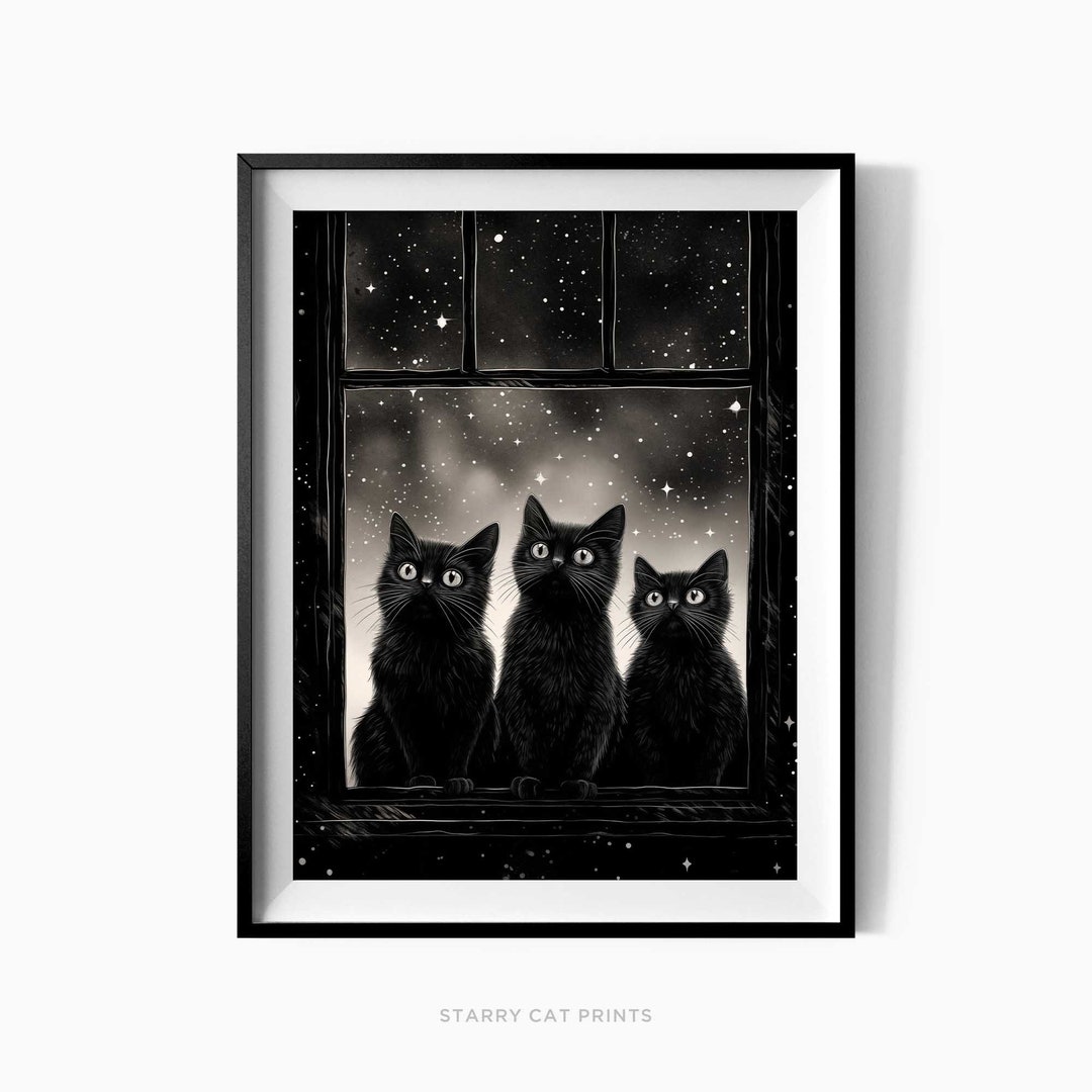 Starry Cats Trio, Black Cats Art Print, Funny Cat Wall Art Poster, Cute ...
