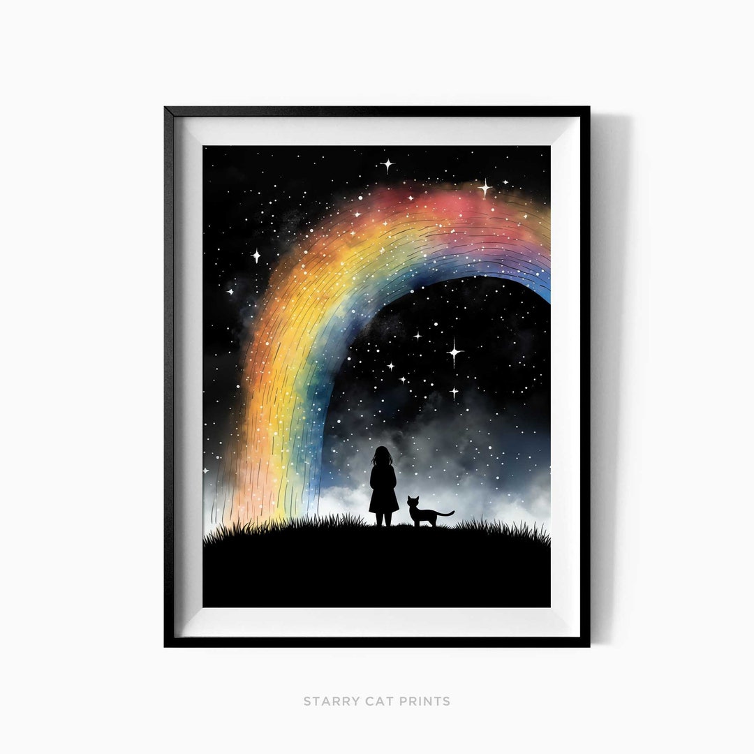 Starry Rainbow Cat Art - Girl and Cat Poster, Rainbow Printable Art ...