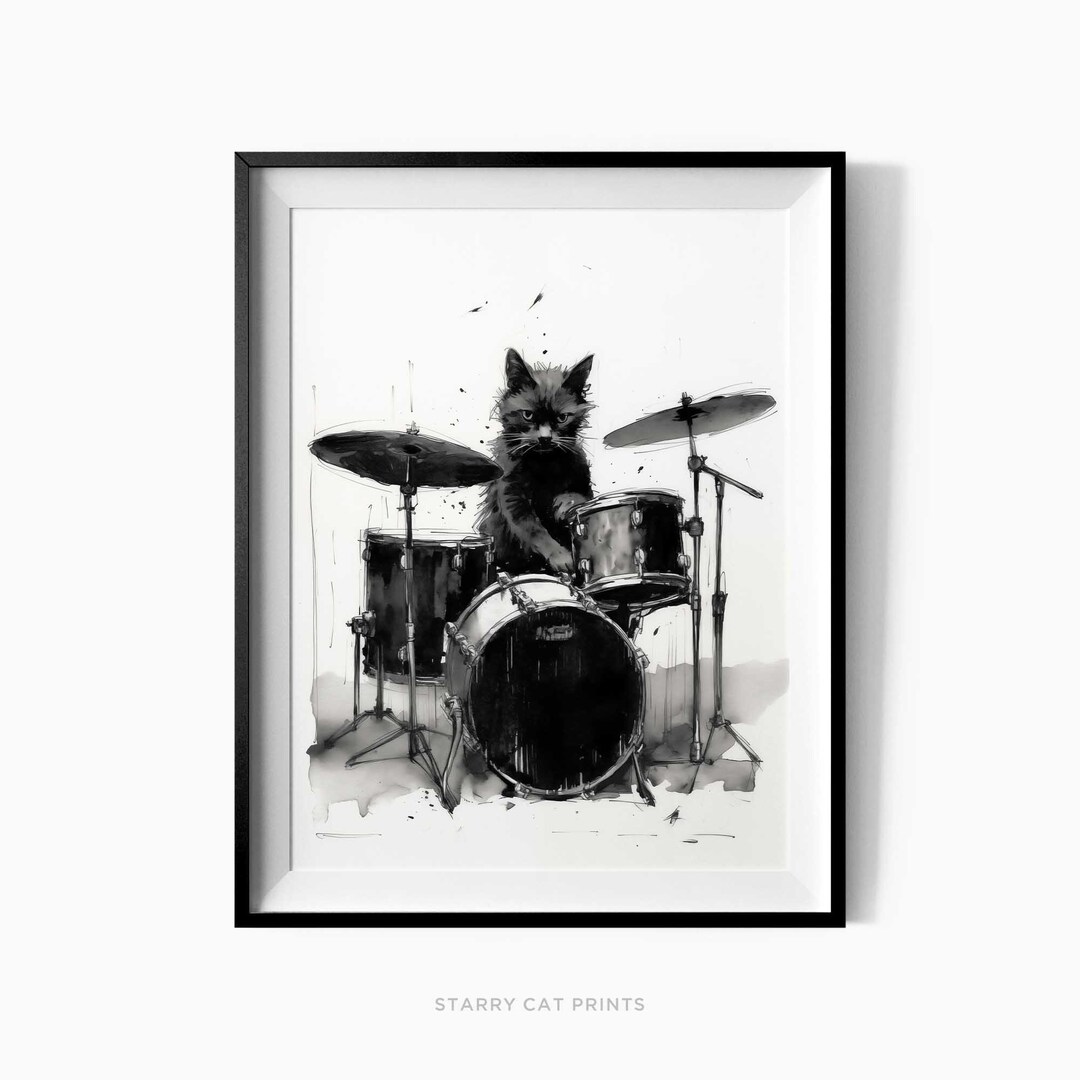 Rhythm Master: Black Cat on Drums Print, Funny Cat Poster, Black Cat ...