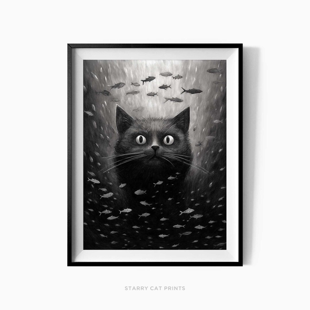 Funny Black Cat Deep in the Ocean Wall Art, Black and White Art Print ...