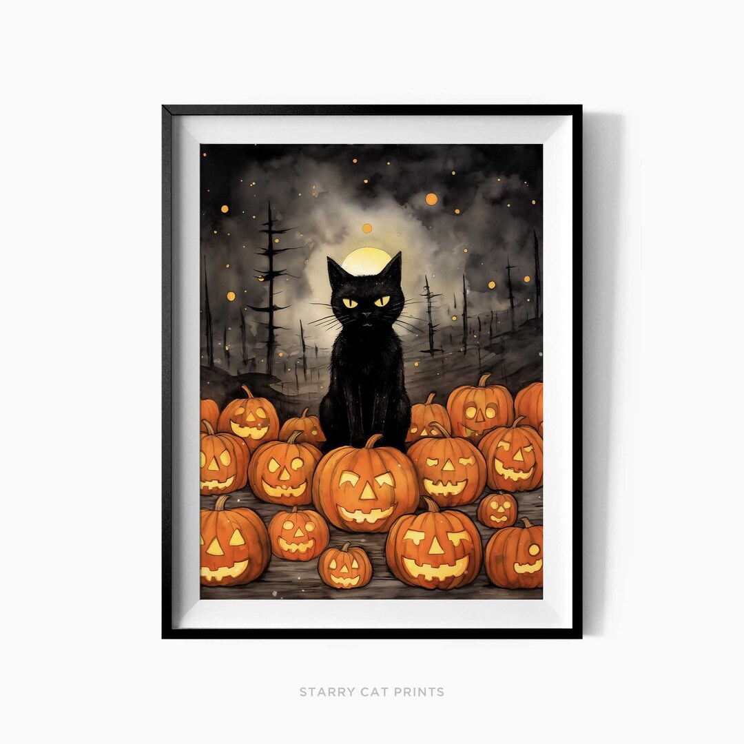 Printable Halloween Black Cat Wall Art, Cute Black Cat Halloween Witchy ...