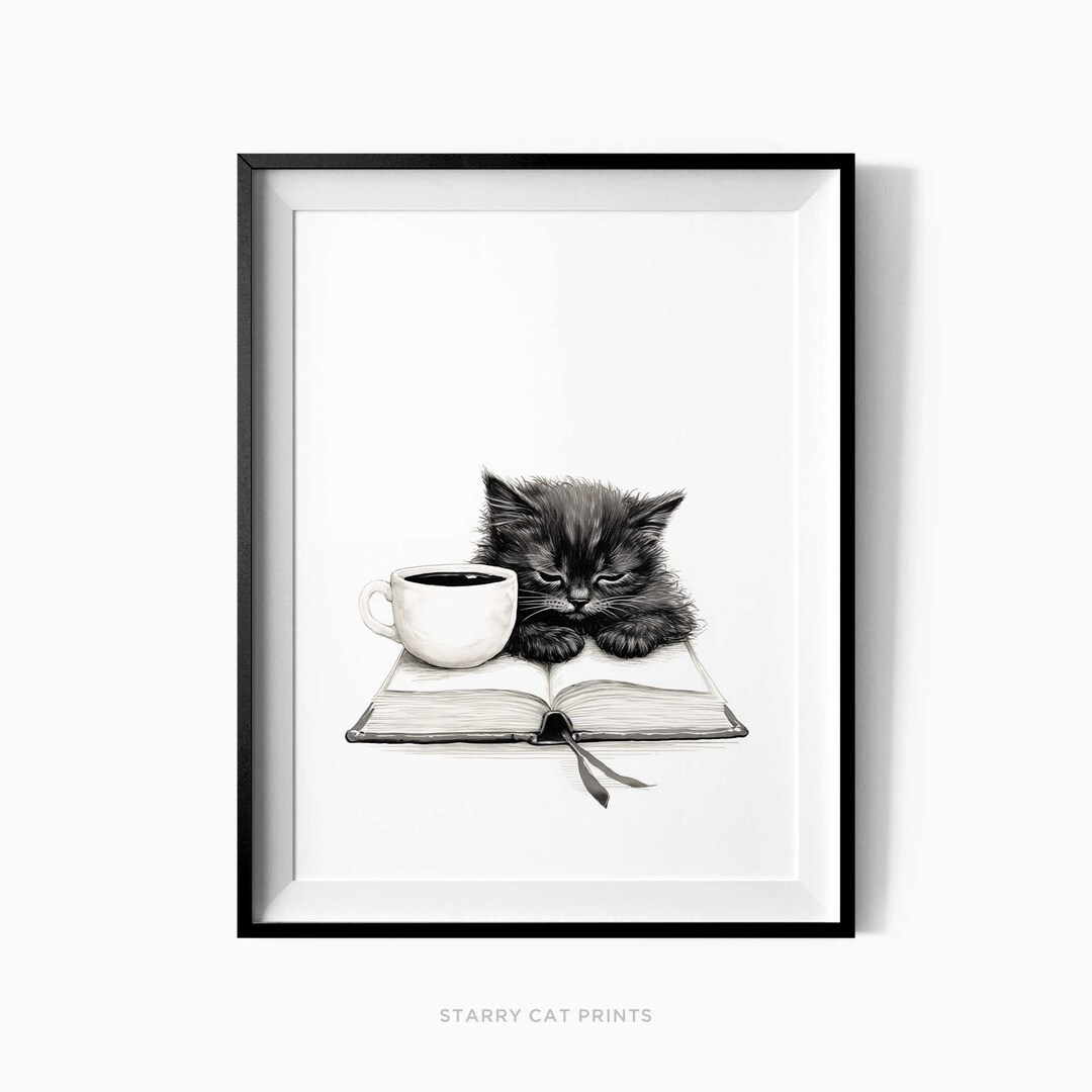 Cat With Book and Coffee Art Print, Funny Cat Poster, Cute Kitten ...