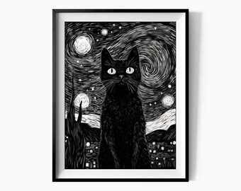 Cat Print Starry Night Vincent Van Gogh Black Cat Art Funny Gift - Etsy
