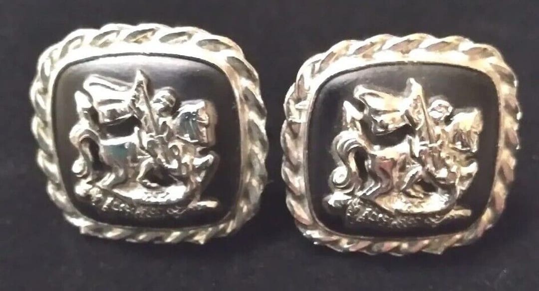 Vintage Dragon Slayer Cufflinks Square Black Silver Tone Medieval Mid ...