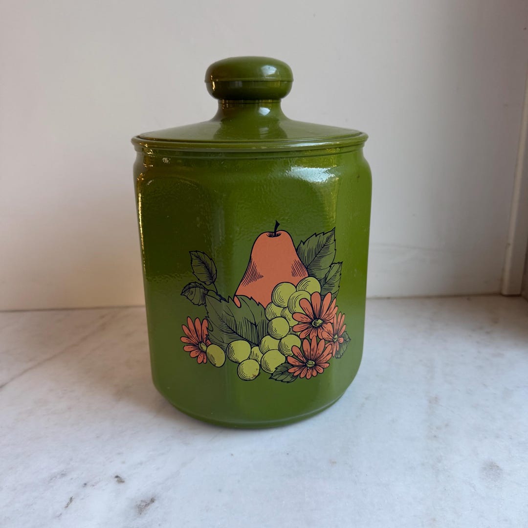 Retro 1970s Green Kitchen Canister With Pears and Fruit | Vintage ...