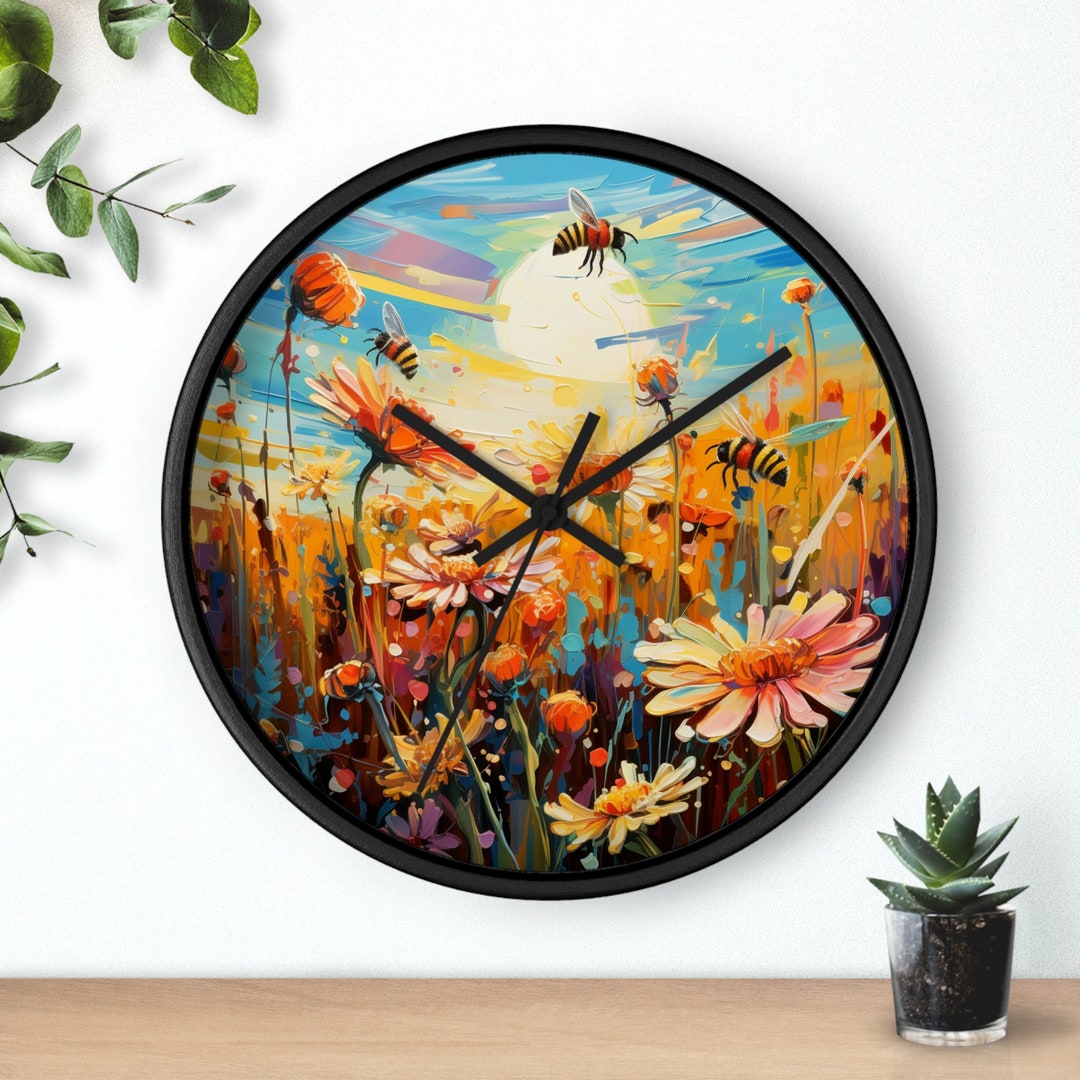 Bees in a Wild Flower Field: Bee Art Wooden Clock Plexiglass Wall Clock ...