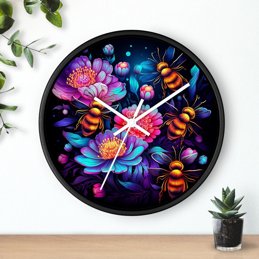 Neon Flowers and Bees Art Wooden Clock Plexiglass Wall Clock 10 Bee ...