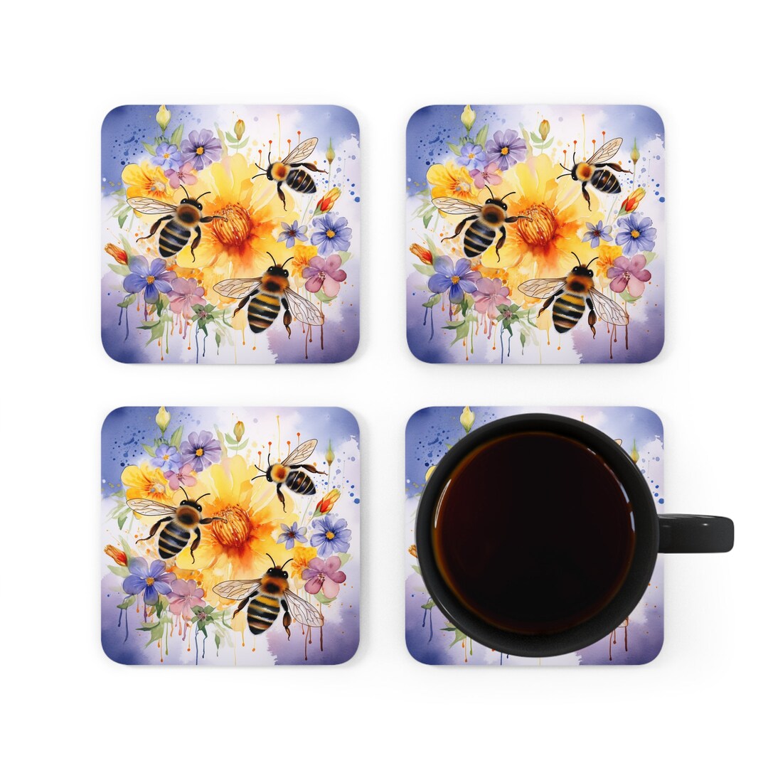 Whimsical Bees and Violets: Bees Corkwood Coaster Set Bee Cork Coaster Colorful Beekeepers ...