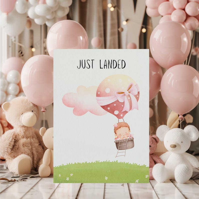 Just Landed Baby Girl Printable Birth Card – Folded 5x7 Newborn Girl ...