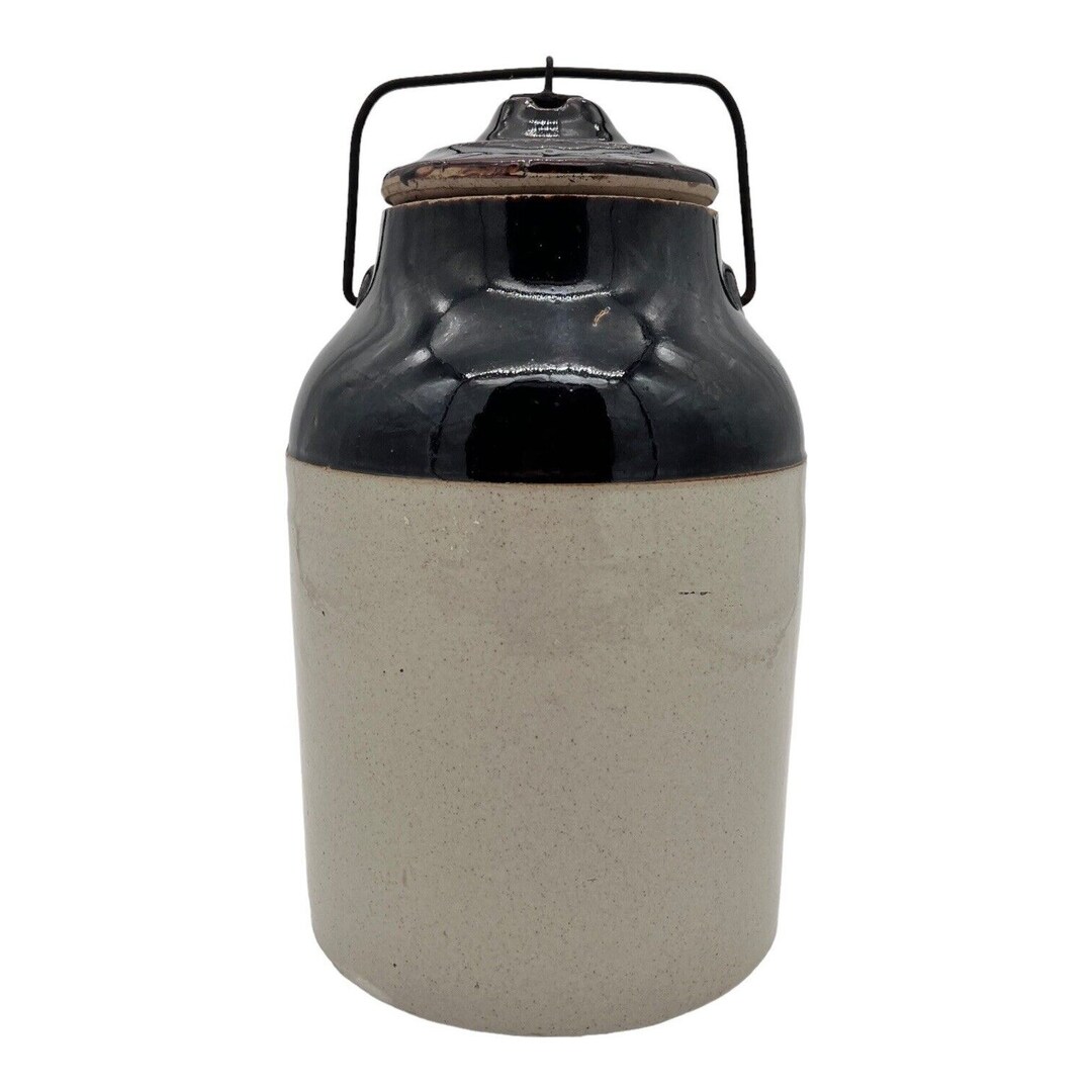 Covered Crock Lid Iron Clamping Closure Antique Stoneware 2-tone Brown ...