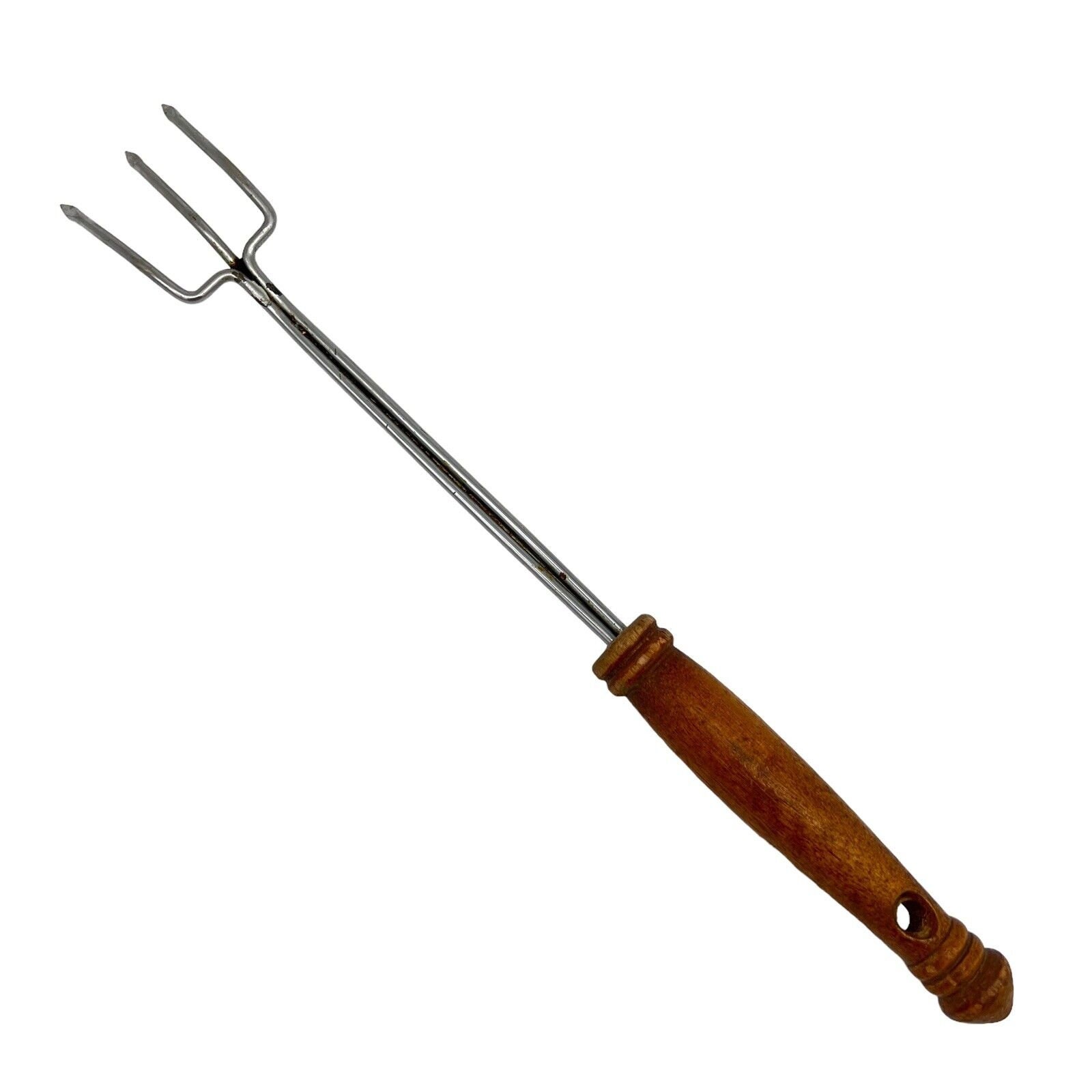 3 Prong Trident Fork Wood Barrel-style Handle Serving Meat MCM Retro ...