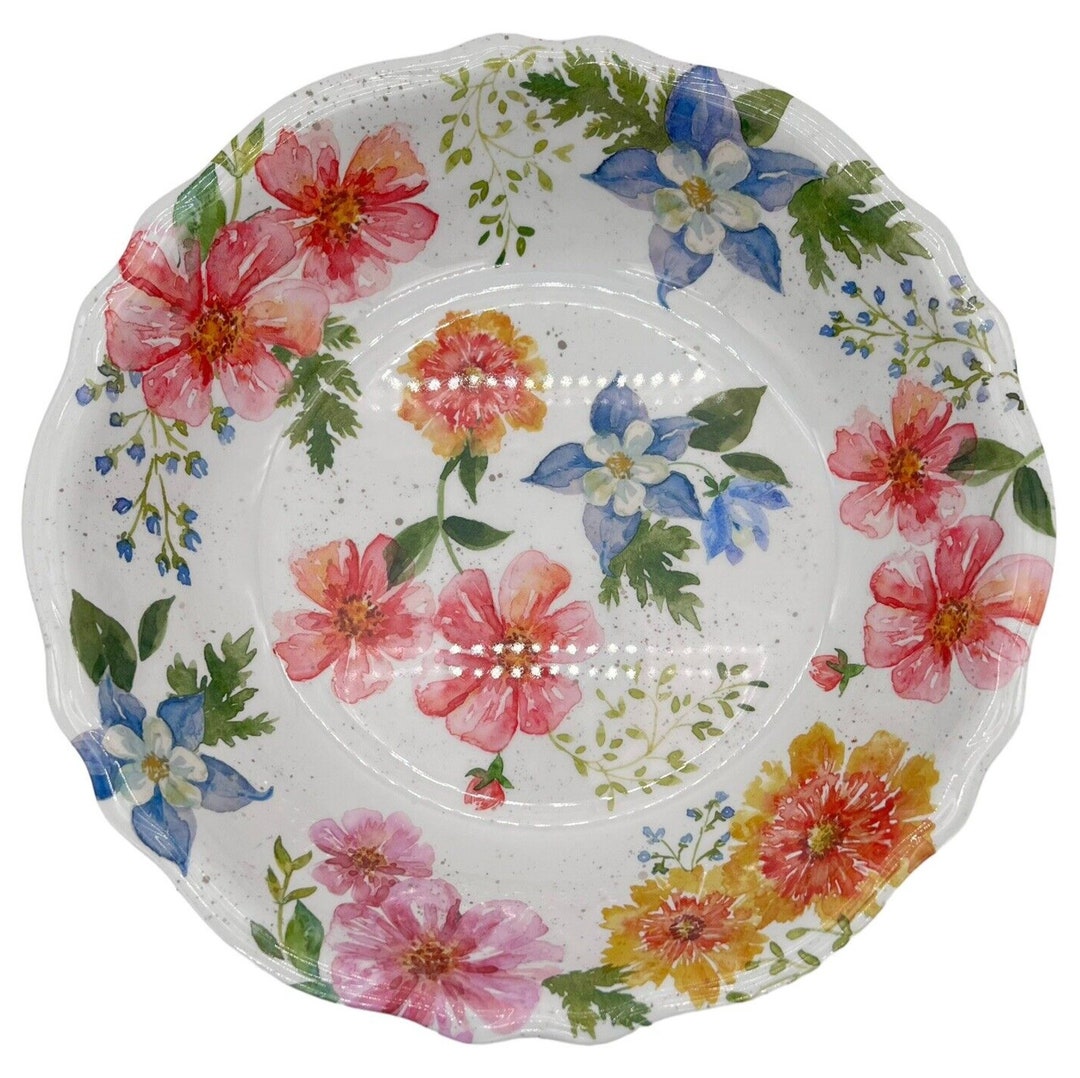 Large Melamine Bowl Floral Leaves Ruffled Edges Cottage Farmhouse 13.5 ...