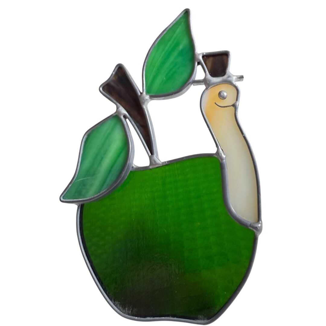 Stained Glass Green Apple Worm Suncatcher Hanging Loop Teacher Gift 5.5 ...