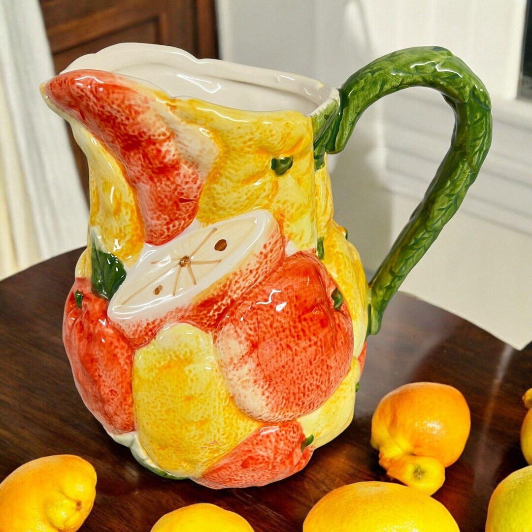 WCL Ceramic Raised Fruit Pitcher 64 Oz Iced Tea Lemonade Vtg Farmhouse ...