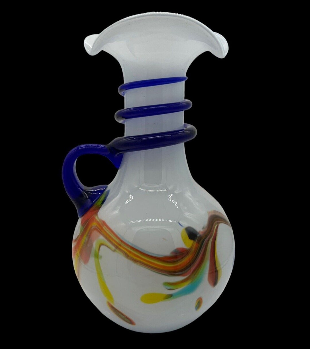 Hand Blown Art Glass 6.5 Fluted Pitcher Cruet Cobalt Blue Coiled Neck W ...