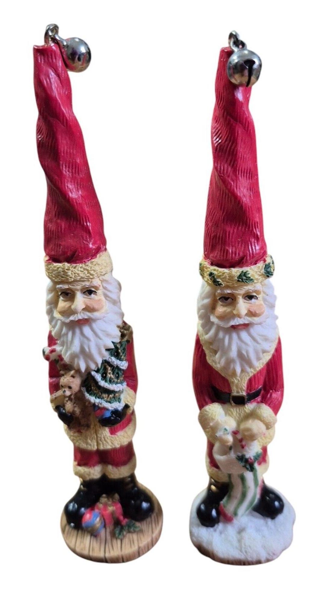 Vtg 5" Resin Wood-look Santa Figurines Tall Hat Bells Thin Rustic Shelf ...