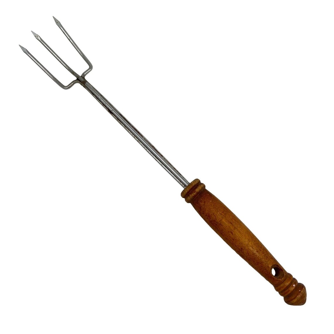 3 Prong Trident Fork Wood Barrel-style Handle Serving Meat MCM Retro ...