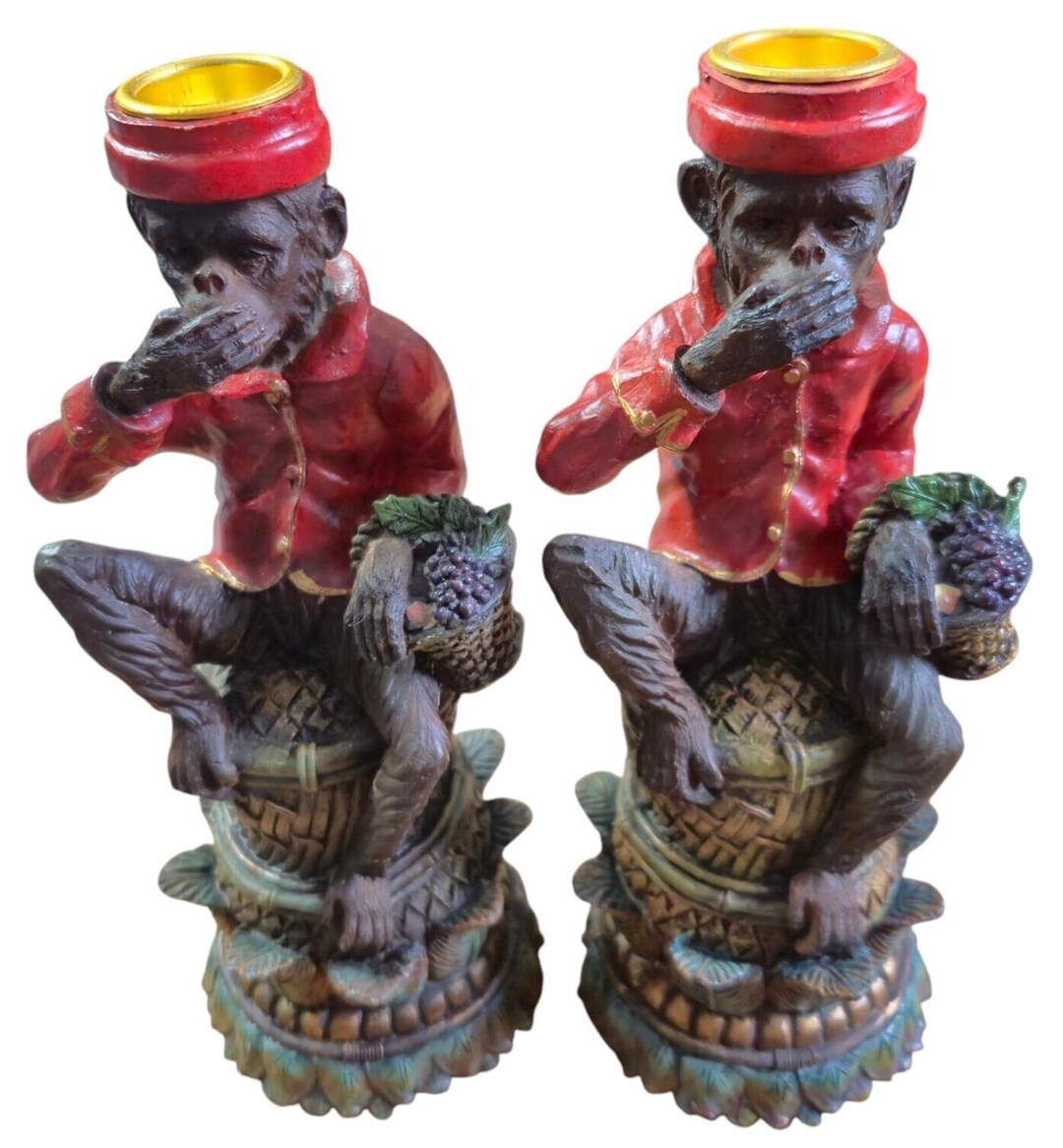 Vtg 2 Pc Speak No Evil Bell Hop Carnival Butler Monkeys Candle Holders ...