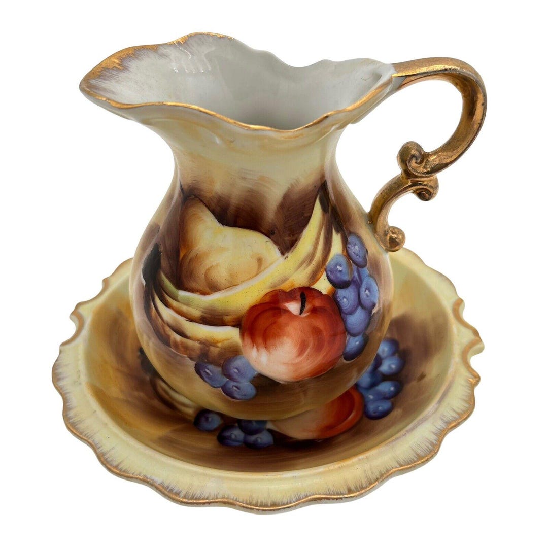Enesco Small Pitcher and Bowl Vtg 60s Farm Country Style Fruit E2360 ...