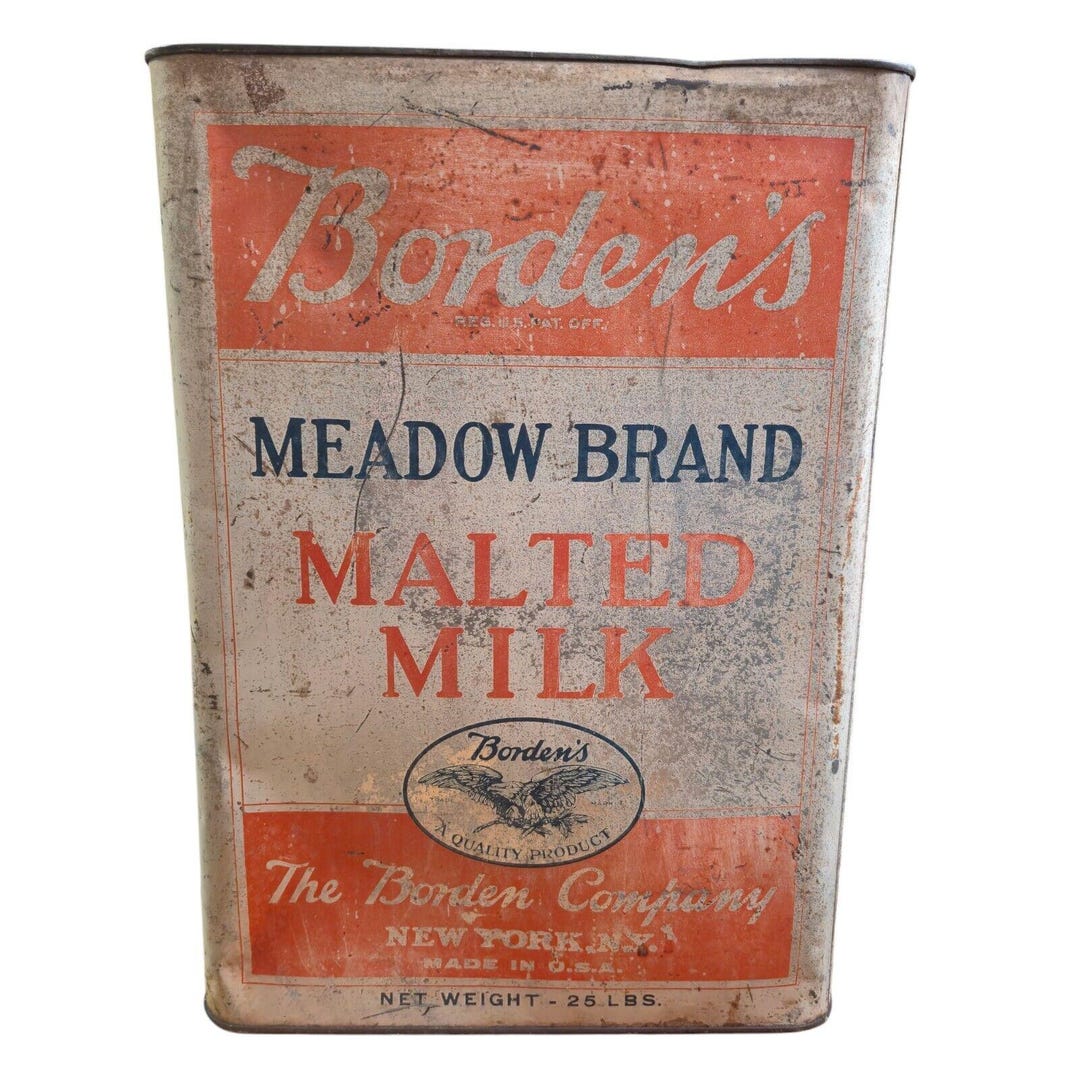 Vintage Borden's Meadow Brand Malted Milk 25 Pound Tin With Eagle Logo ...