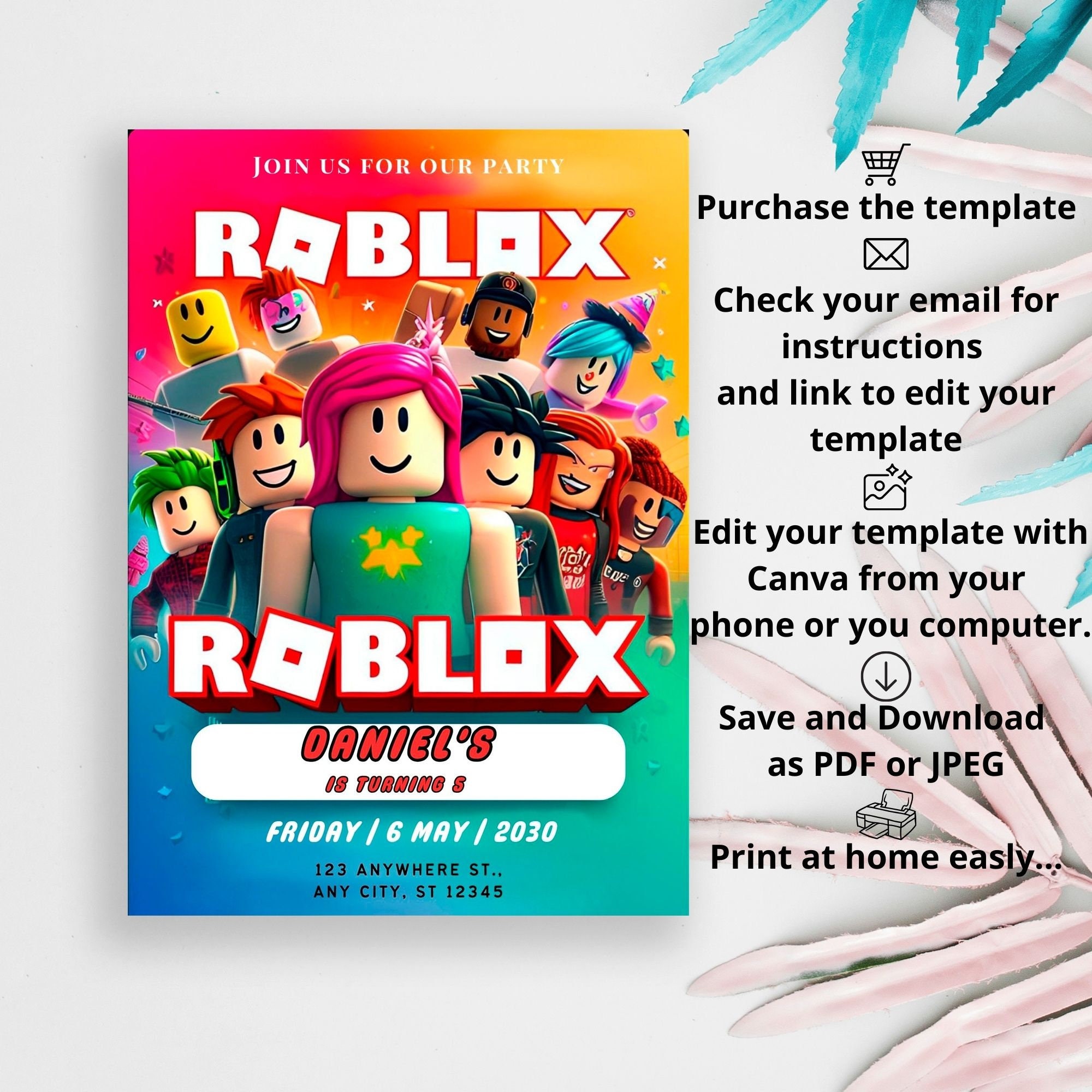 Roblox Invitation, Roblox Birthday Editable Invitation , Roblox Party ...