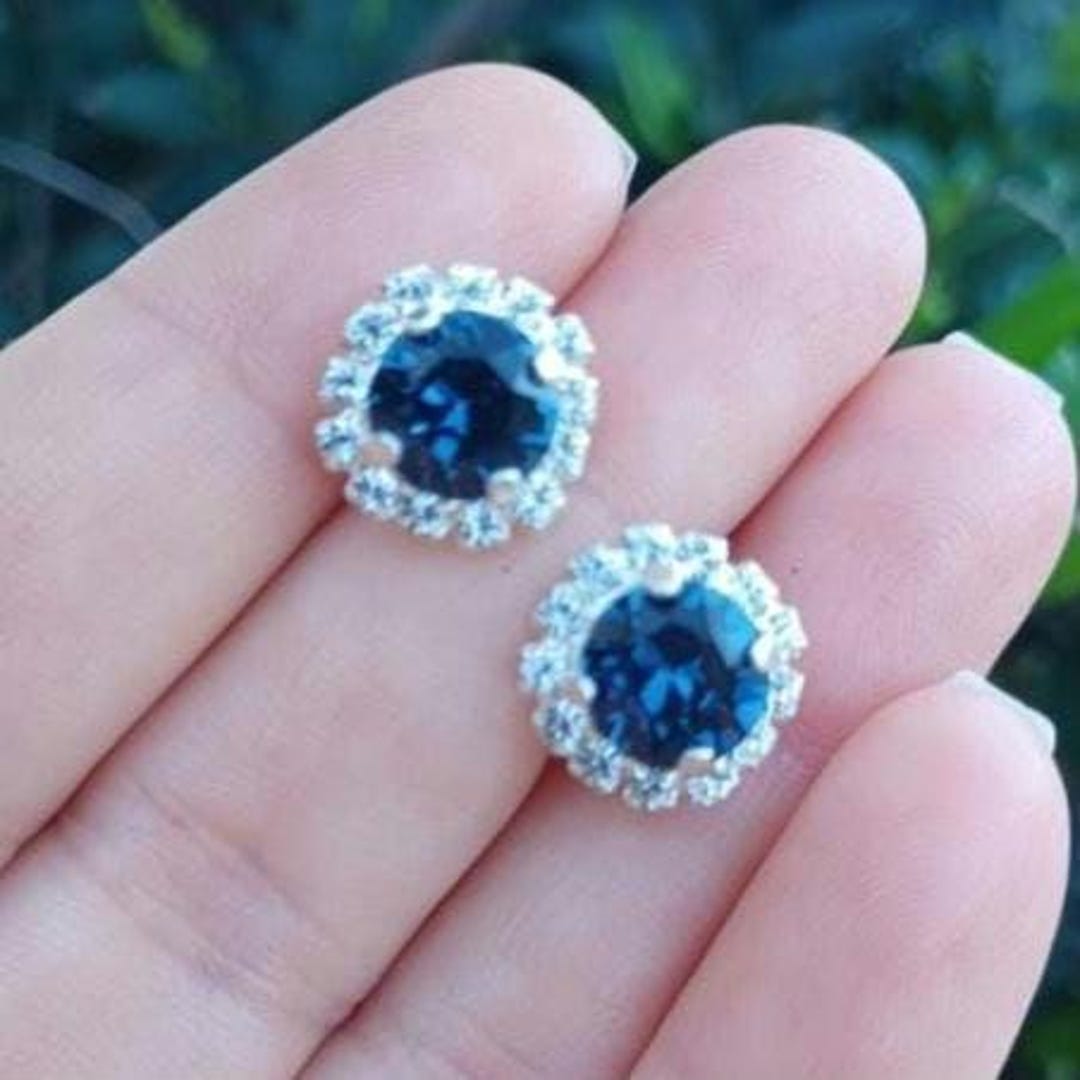 Navy Blue Crystal Stud Earrings, Bridal Blue Navy Stud Earrings, Dark ...